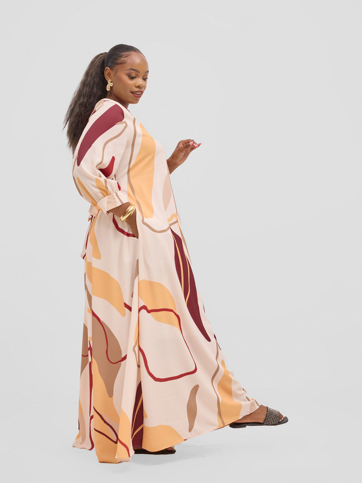 Vivo Hadiya Tie Maxi Dress - Burgundy / Yellow Shira Print | Vivo ...