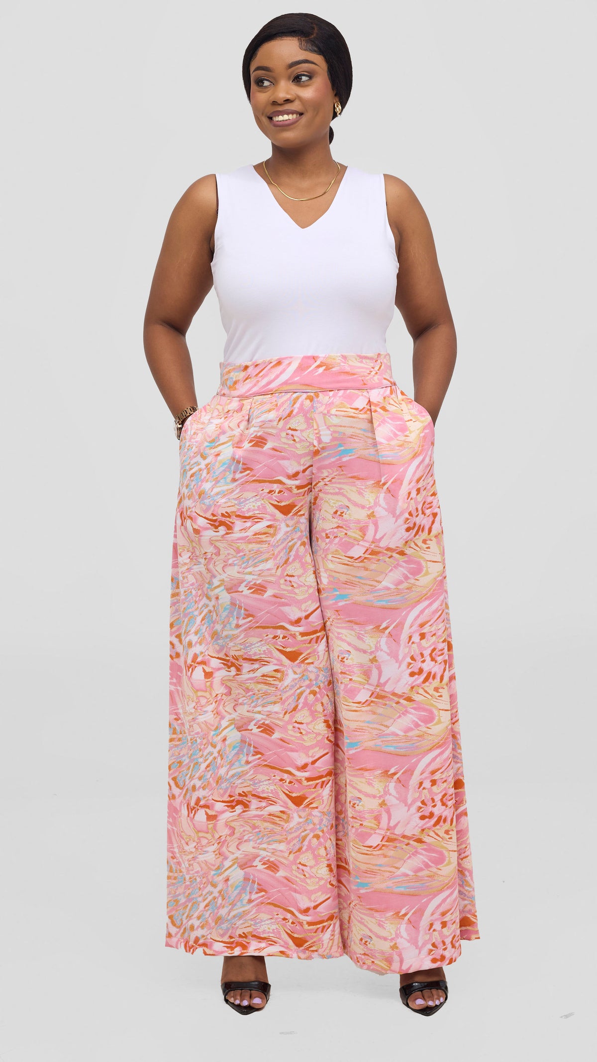 Vivo Basic Crepe Pants -Pink / Orange Print | Vivo Fashion Group Kenya