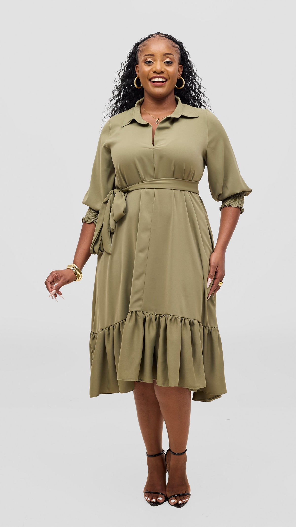 Vivo Serwa Flounce Dress - Olive | Vivo Fashion Group Kenya