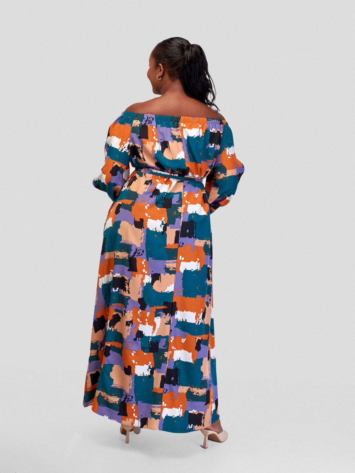 Vivo Maisha Off Shoulder Maxi Dress - Dark Green / Orange Abstract Pri ...