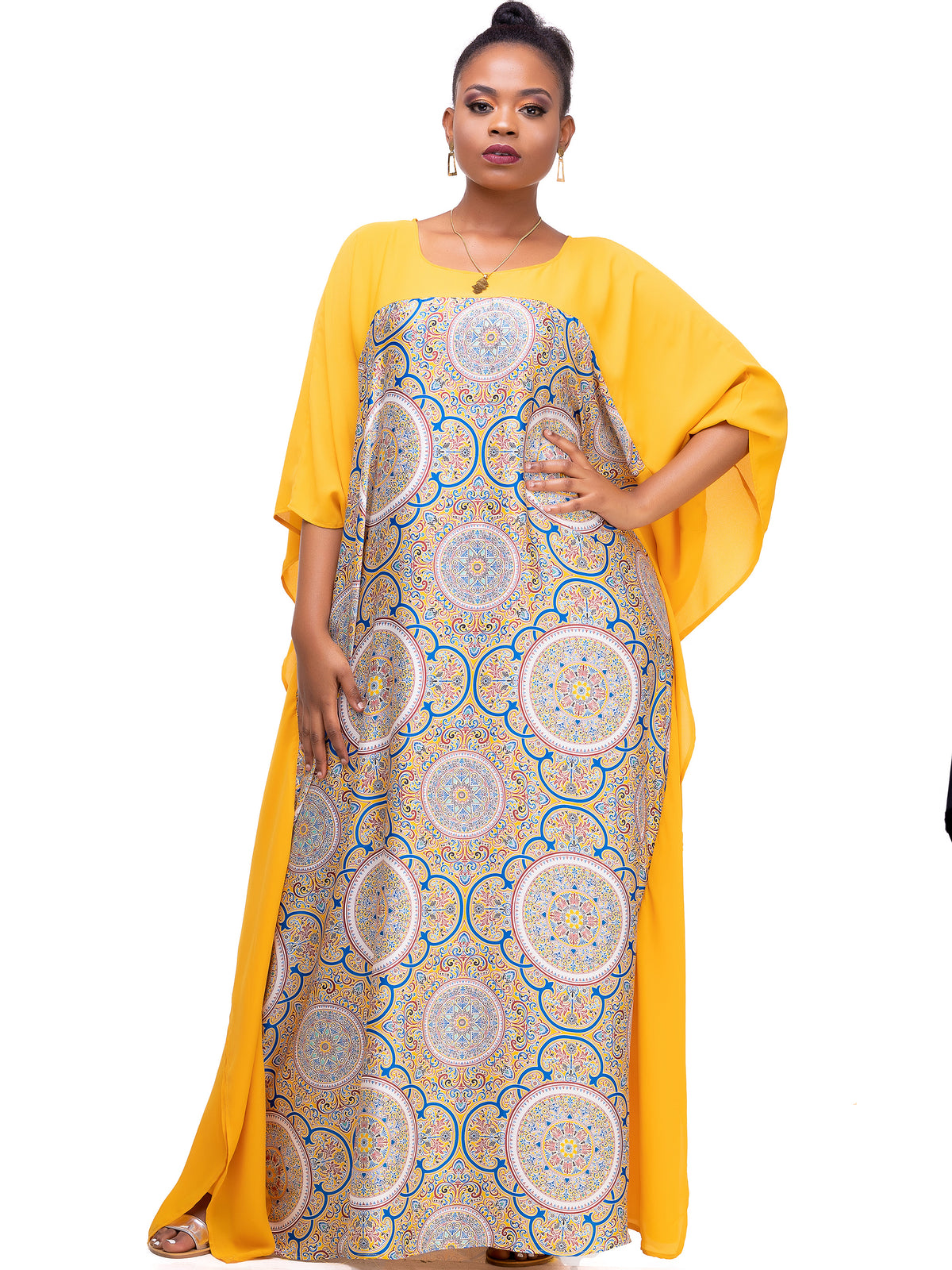 Vivo Watamu Border Maxi Kaftan - Mustard Print | Vivo Fashion Group Kenya